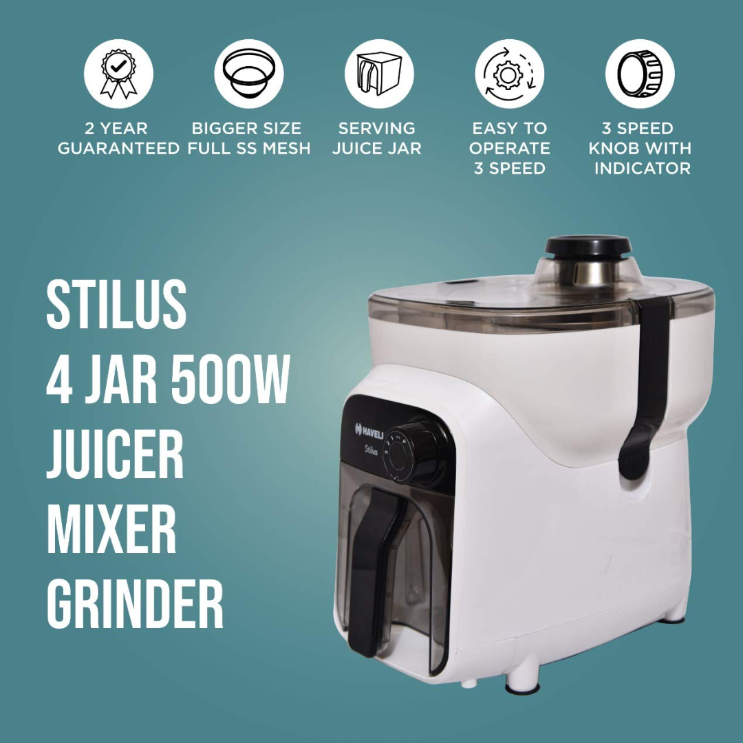 Havells 4 SS Jars with Fruit Filter 500 Watt Mixer Grinder Stilus GHFJ AC GHAR